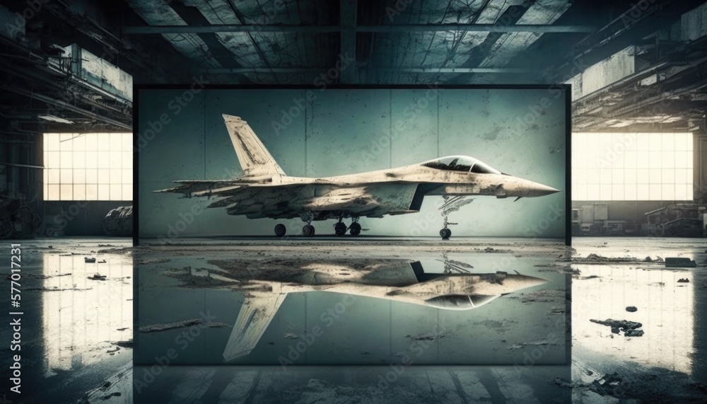 A fighter jet sitting in a hangar with a reflection on the floor of the ...