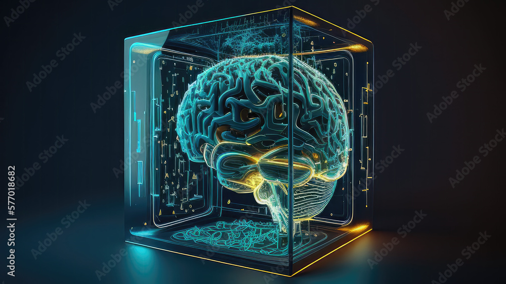spread of digital brain connections in glass box. Artificial intelligence and the idea of neural ...