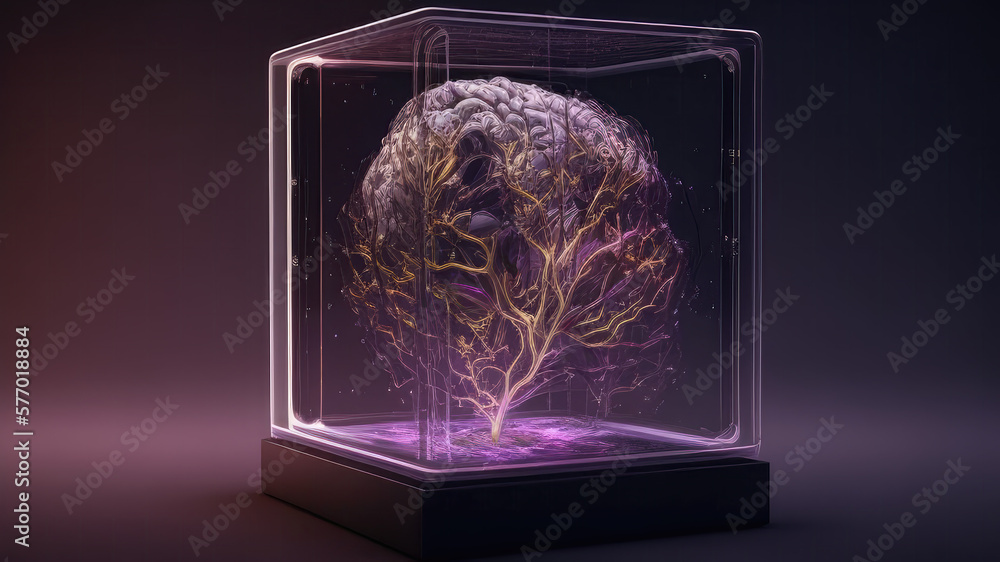 spread of digital brain connections in glass box. Artificial ...