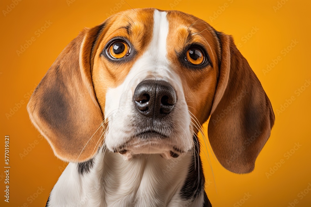 On a sunny yellow background, a portrait of a cute little beagle dog ...