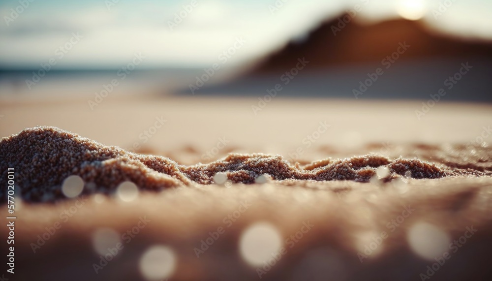 A close up of sand on a beach with a sky background and a small hill in ...