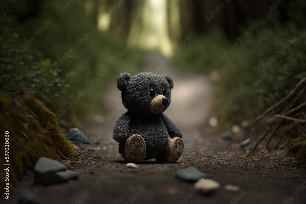 Cute lonely abandoned teddy bear toy on path in forest, outdoors ...