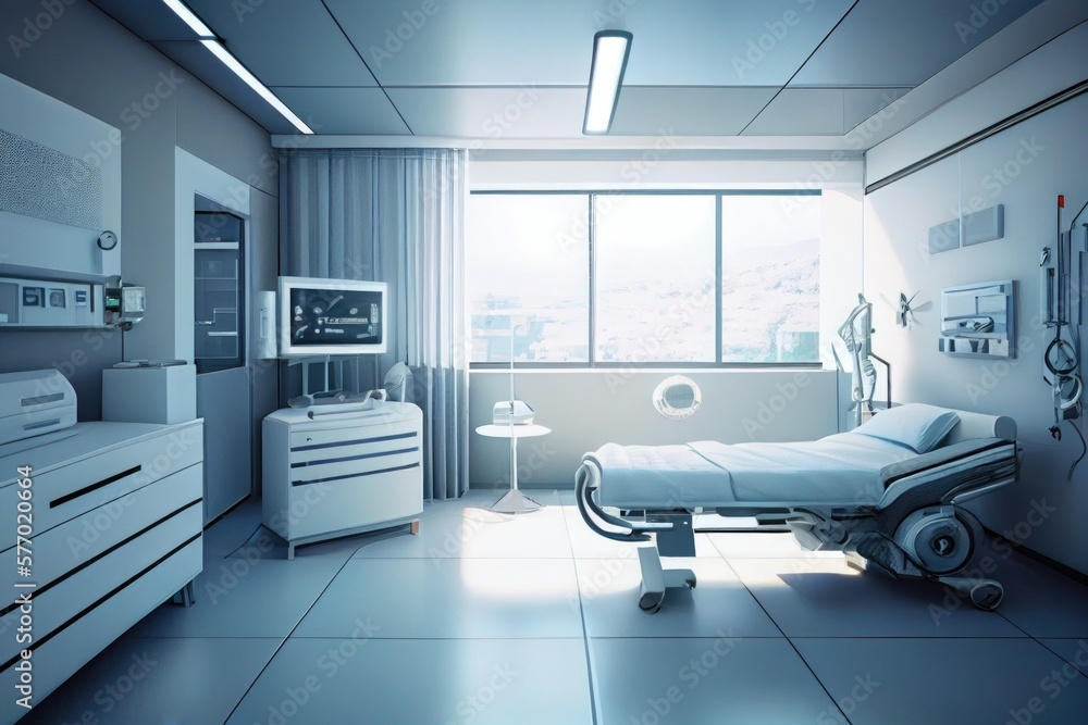 A hospital room with a bed and a monitor on the wall and a television ...