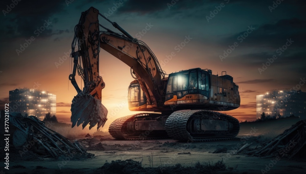 A large construction vehicle is in a construction site at night with a ...