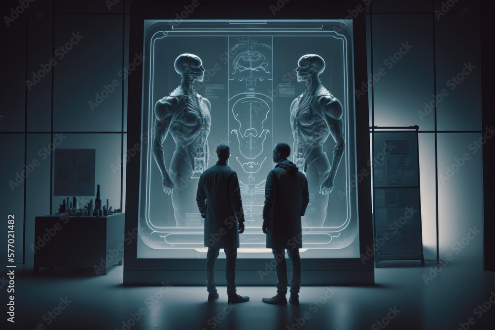 Two men standing in front of a display of a human body in a museum ...