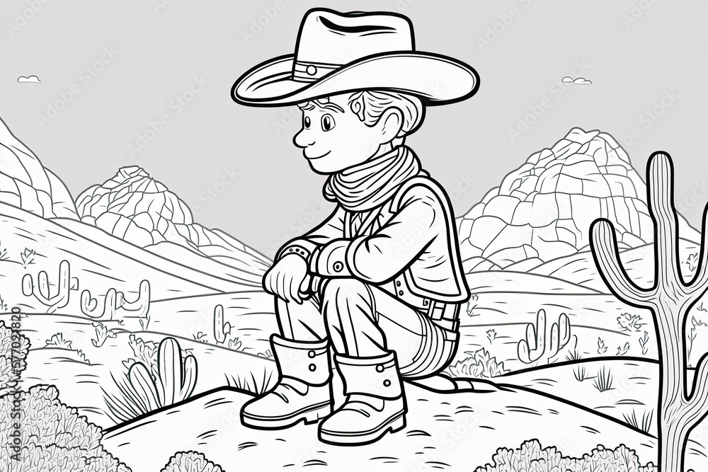 Cartoon Cowboy Outline for Coloring. Kids' colouring book. Generative ...