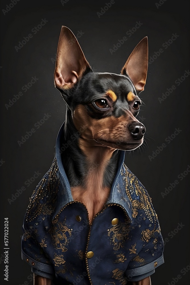 Studio portrait of an adult dog of the Miniature Pinscher breed in ...