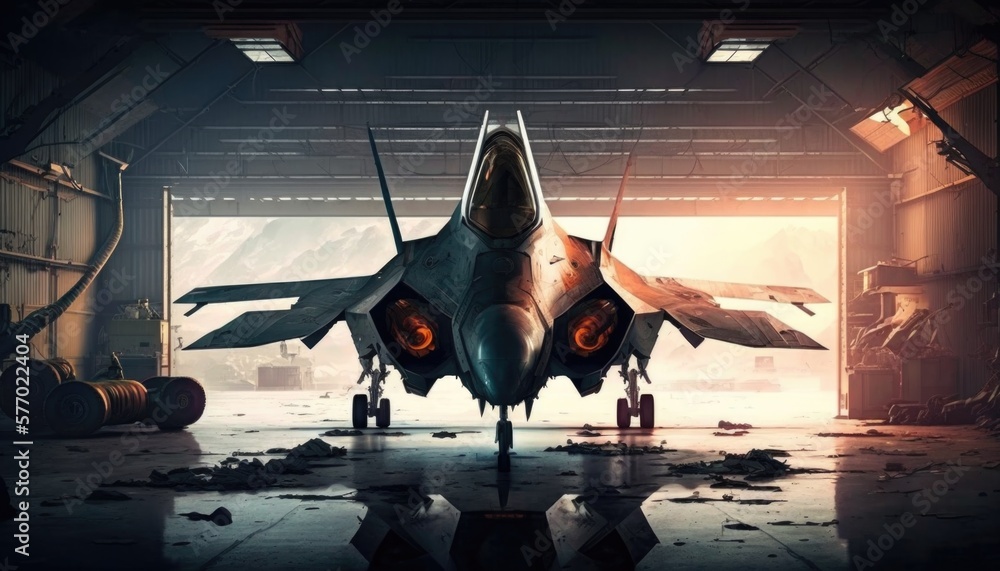 A fighter jet sitting in a hangar with a bright light coming from the ceiling and a person ...