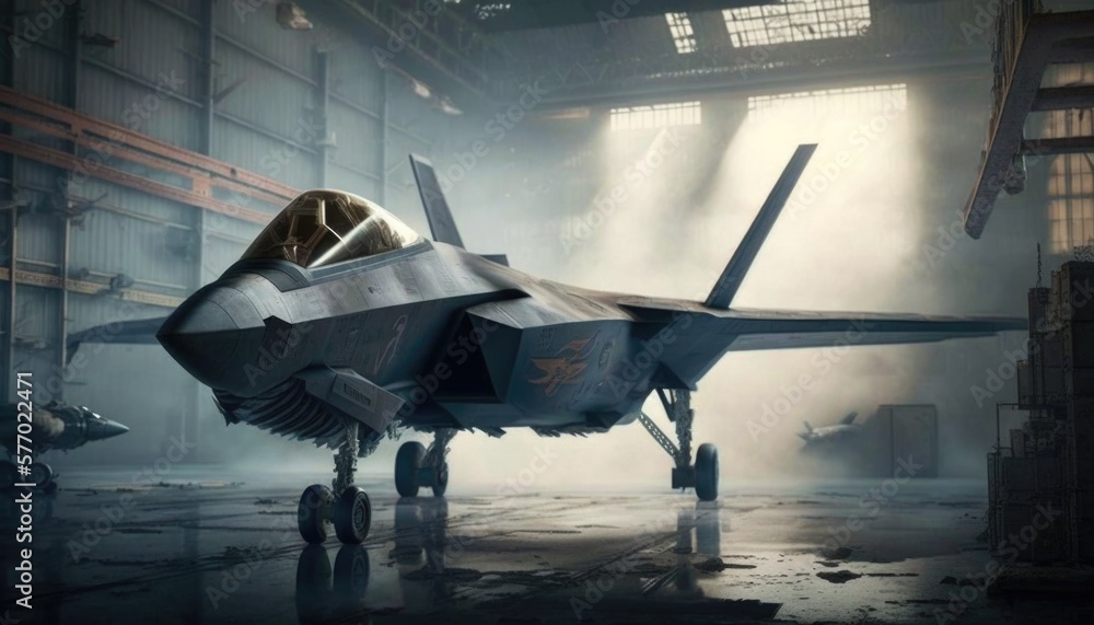 A fighter jet sitting in a hangar with fog coming from the ceiling and ...