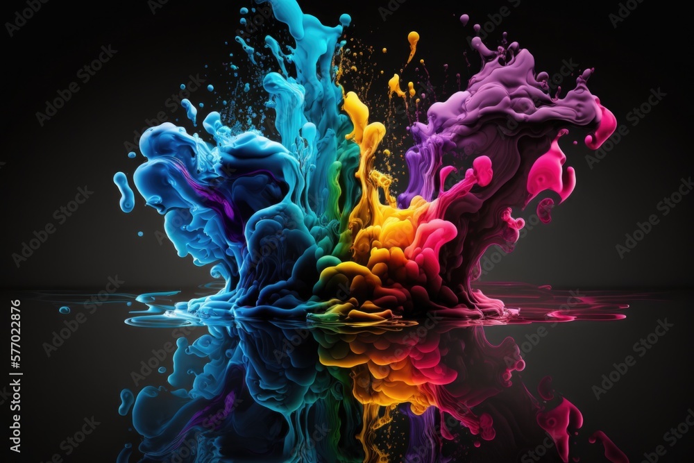 A colorful liquid splashing into the water on a black background with a ...