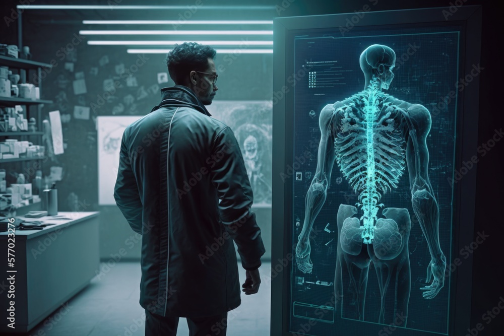 A man looking at a skeleton in a medical room with a computer screen ...