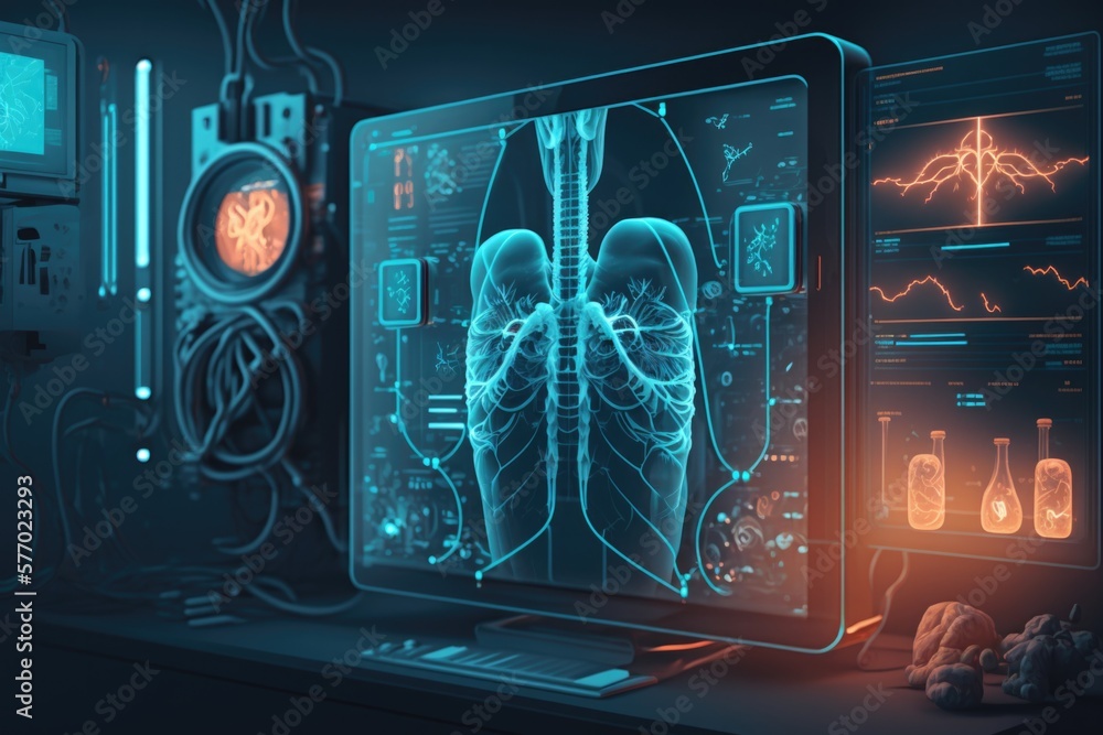 A computer screen with a picture of a human lungs on it and a monitor ...