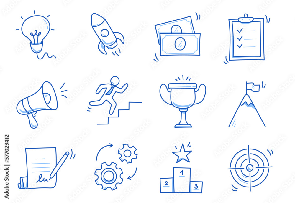 Doodle business icon set. Success, target, goal hand drawn sketch blue ...