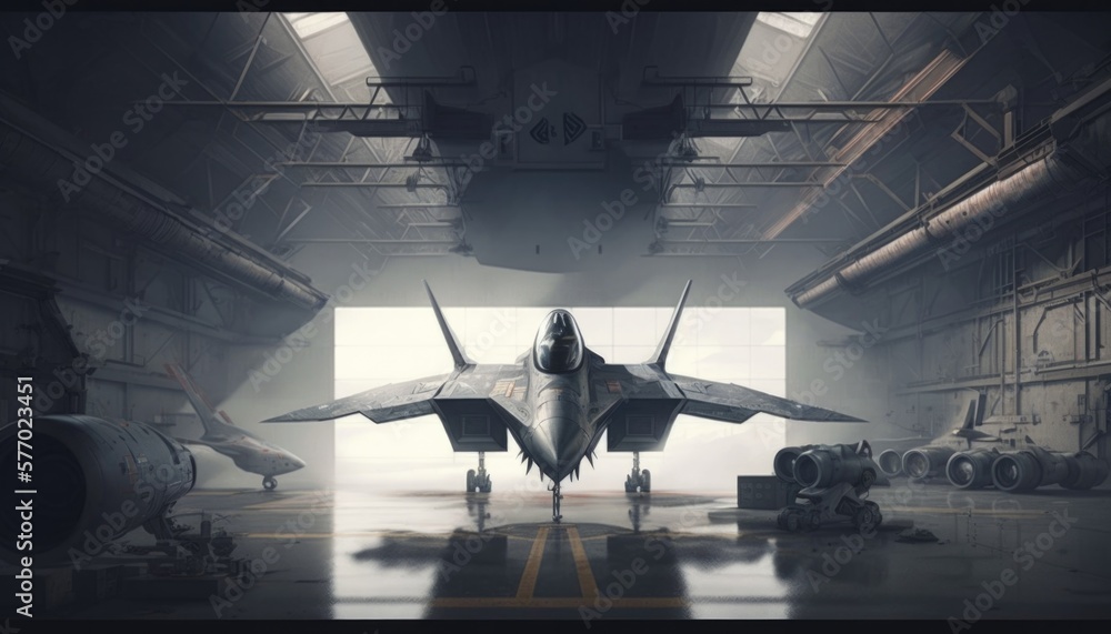 A fighter jet sitting inside of a hangar next to a jet engine and a jet ...