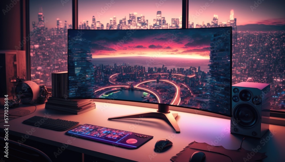 A computer monitor sitting on top of a desk next to a keyboard and ...