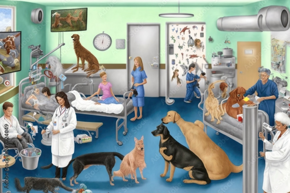 A painting of a veterinas office with dogs and cats in the room and a ...