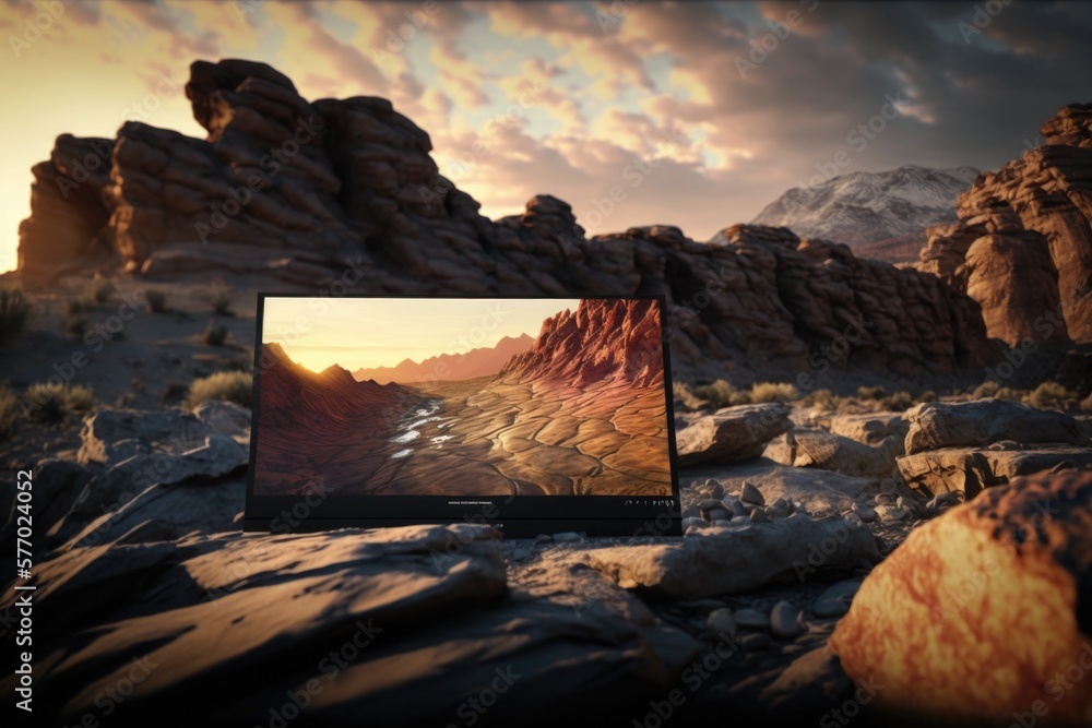 A computer screen sitting on top of a rocky field next to a mountain ...