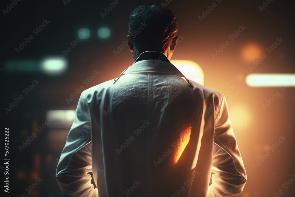 A man in a white shirt is looking at a light in the dark room with his ...