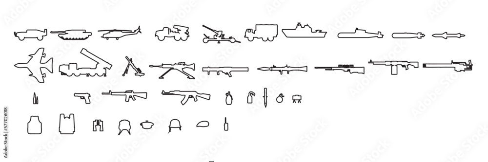 outlined weapon icons. graphic resources of various weapons. military ...