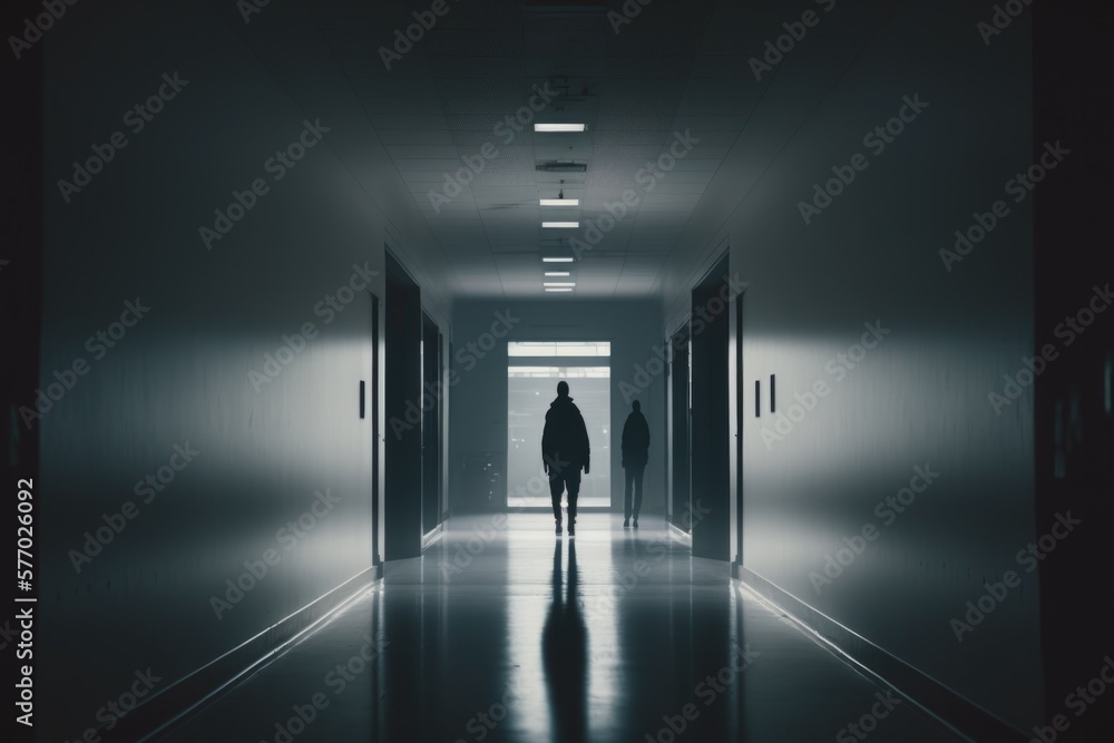 A person walking down a hallway in a dark room with light coming ...