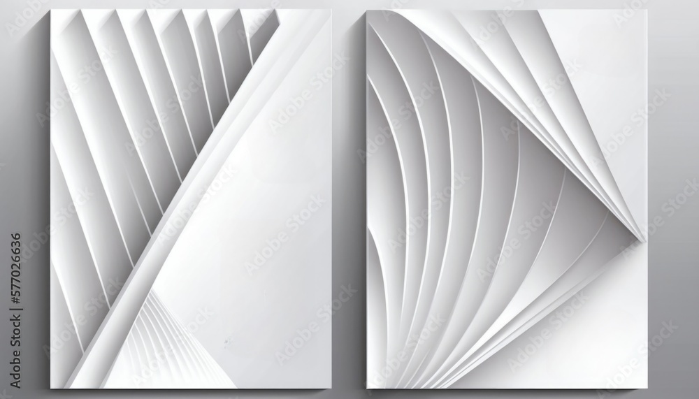 Two white abstract paper banners with wavy lines on them one of which ...