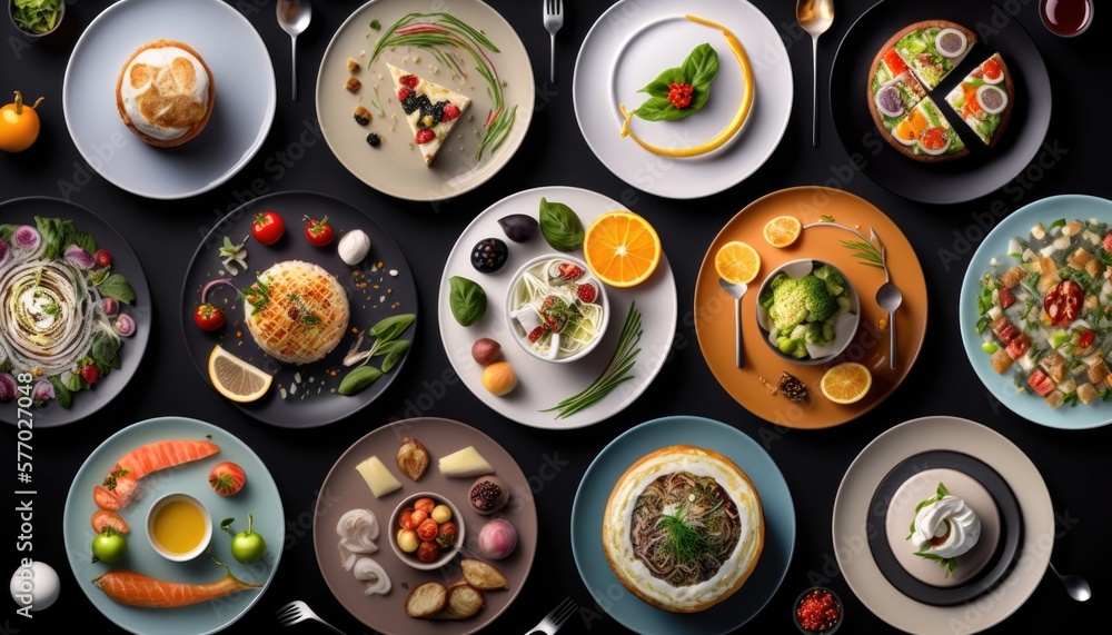 Ilustrace „A table topped with plates of food and drinks next to each ...