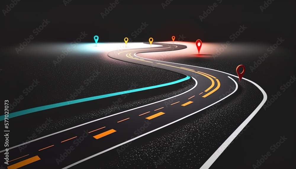 ภาพประกอบสต็อก Neon color roadmap, street, dark background with goals ...