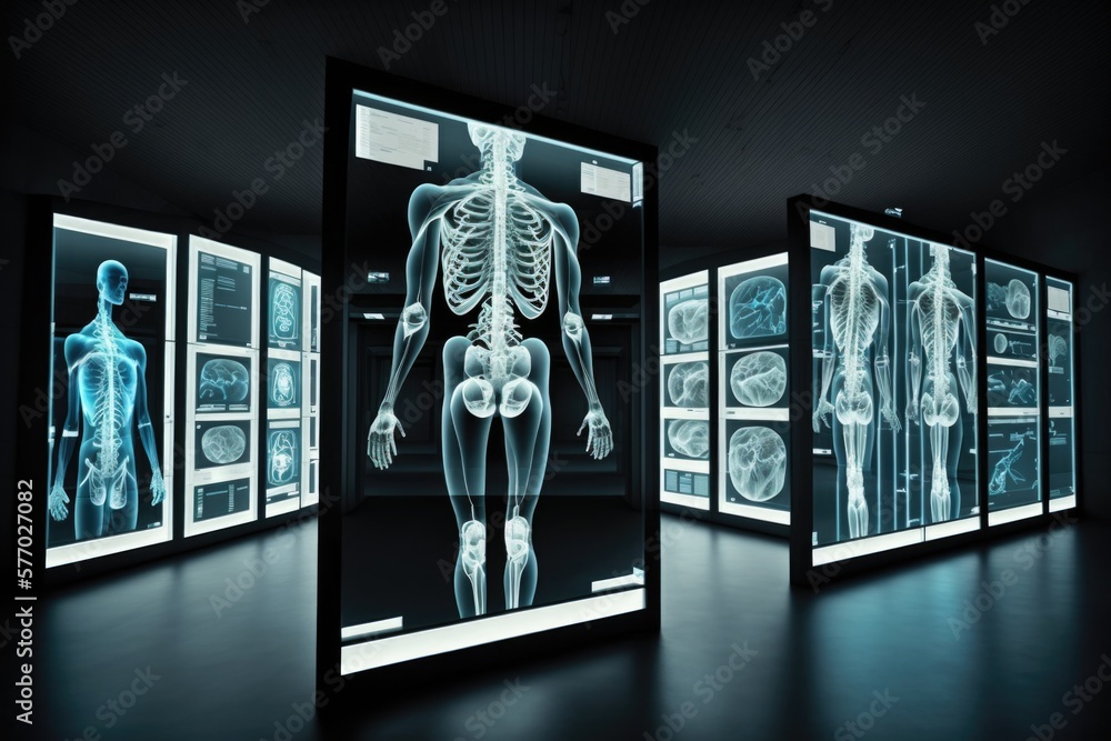 A display case with a skeleton in it in a dark room with other medical ...