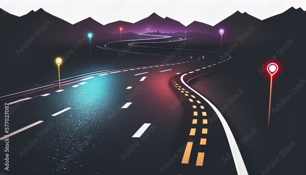 Neon color roadmap, street, dark background with goals created with ...