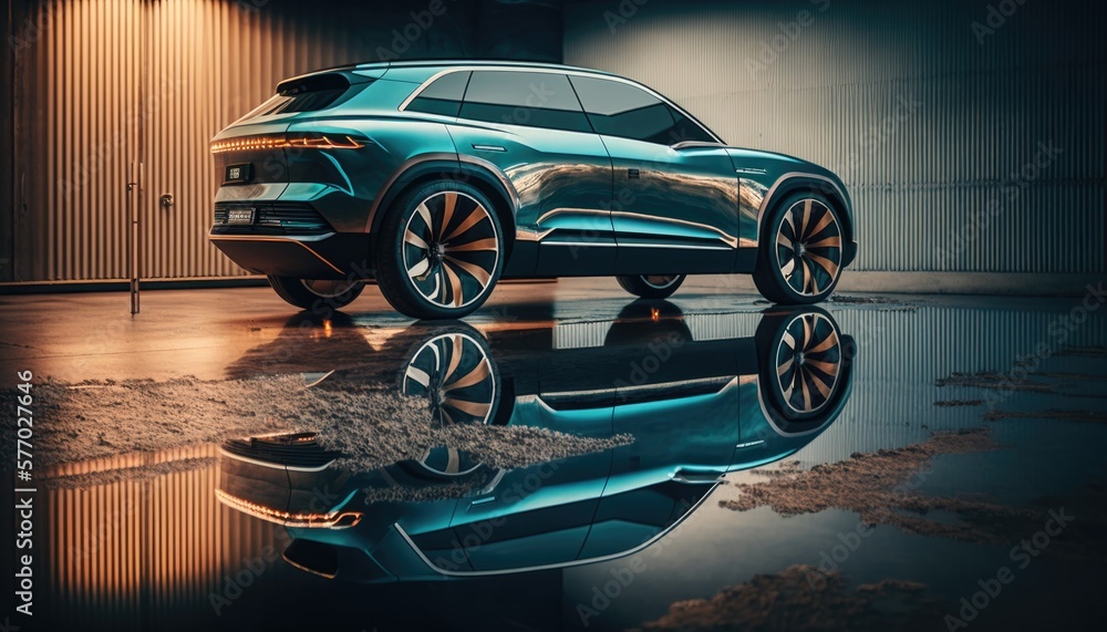 A blue car is parked in a garage with a reflection on the floor and a ...