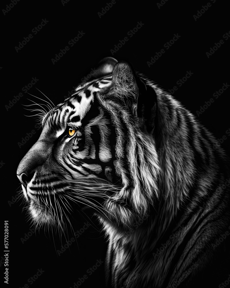Generated photorealistic profile portrait of a tiger in black and white ...