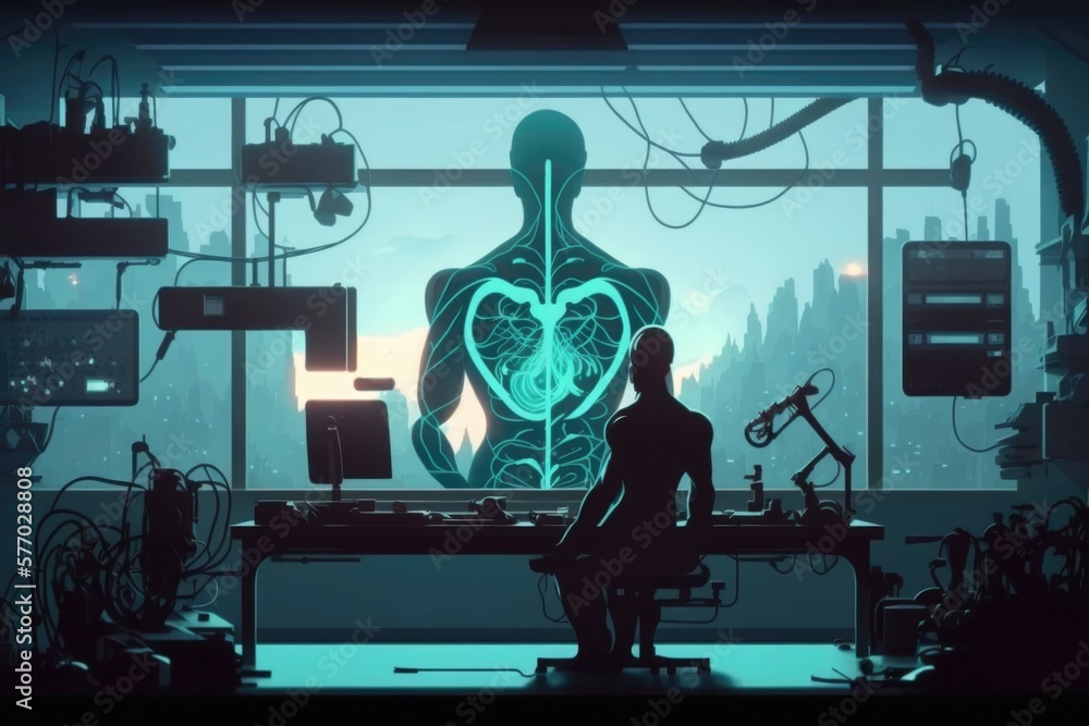 A man standing in front of a computer screen in a room filled with ...