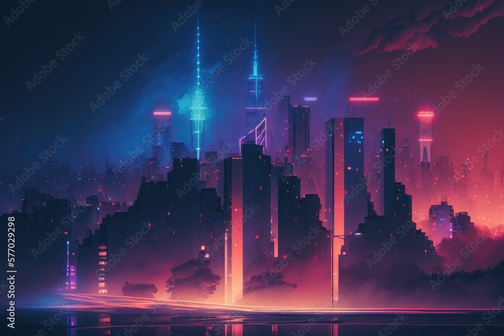 A city skyline with a neon blue and red light at night with a ...
