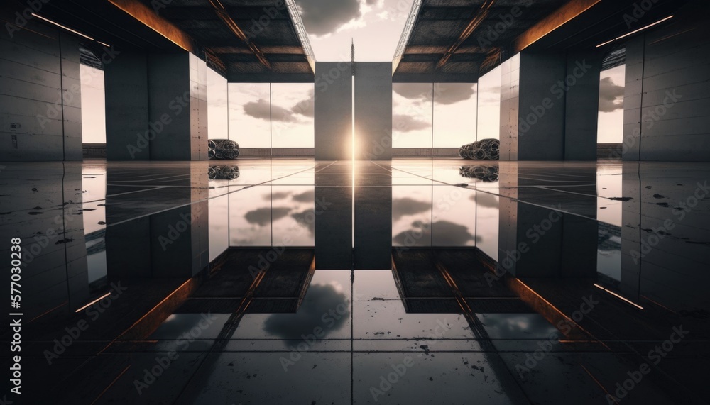 A large room with a lot of windows and a sky background with clouds and ...