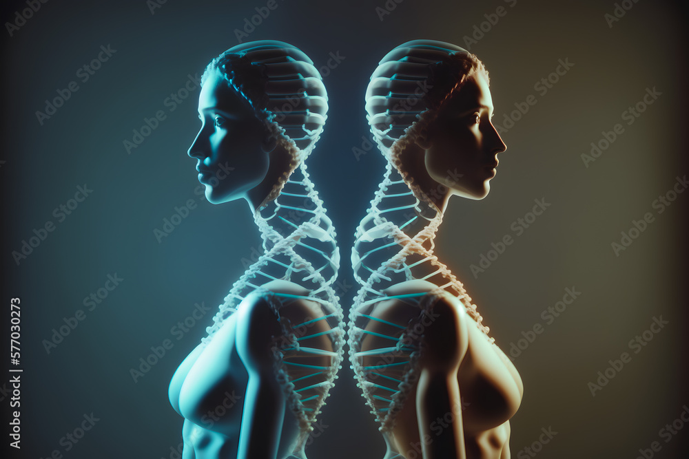 Two Abstract human girls woman cloned body dna woven molecule glowing ...