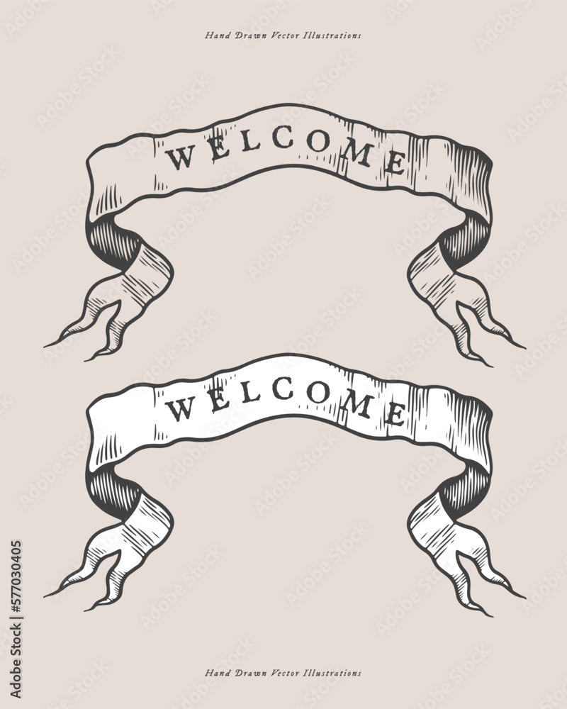 Two ribbons with the word Welcome in engraved style. Vintage ribbons with an inscription on a ...