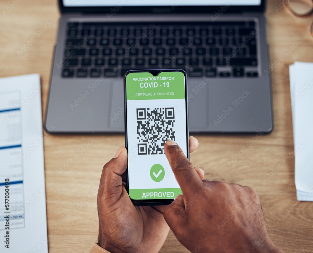 Hands, phone screen and person with a covid qr code, vaccination ...