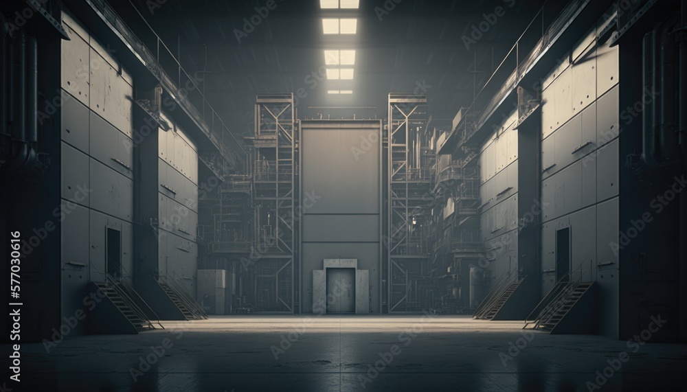 A dark room with a door and some stairs leading to it and a light ...