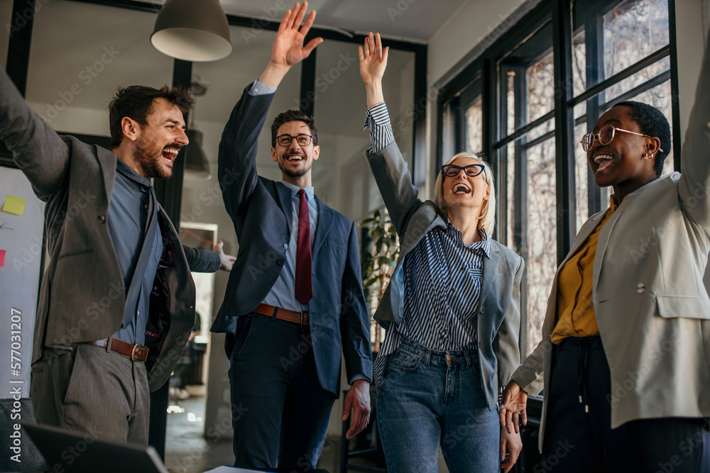 Happy united diverse colleagues team people together. Business teamwork ...