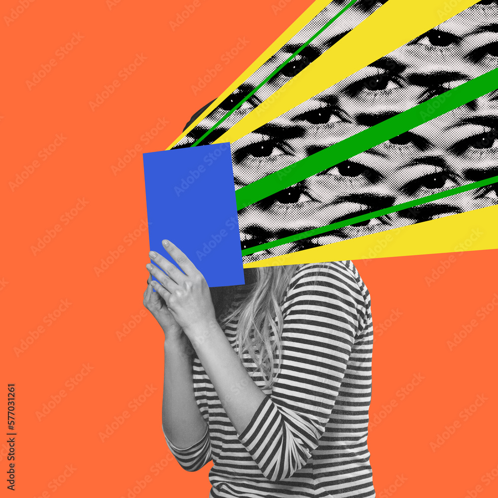 Contemporary art collage. Bright design. Women over orange background ...