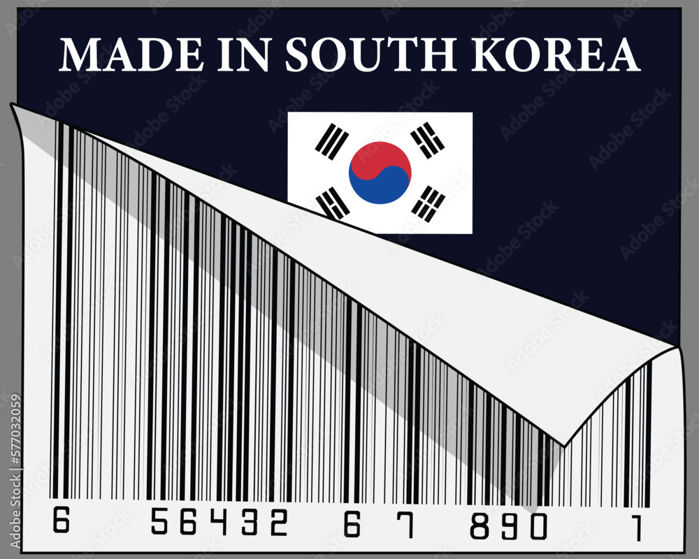Made in South Korea text and their country flag sign with half scrolled ...