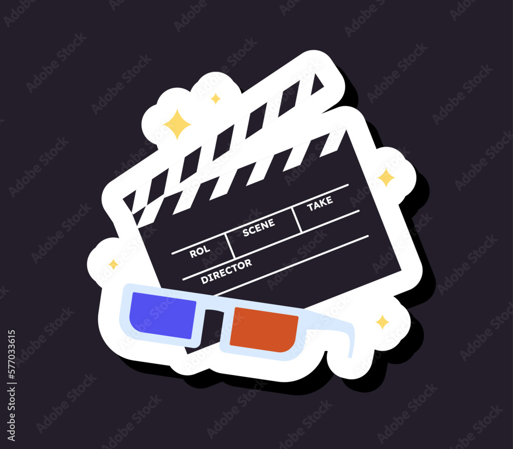 Cinema clapperboard and 3d glasses sticker. Equipment for filming and ...