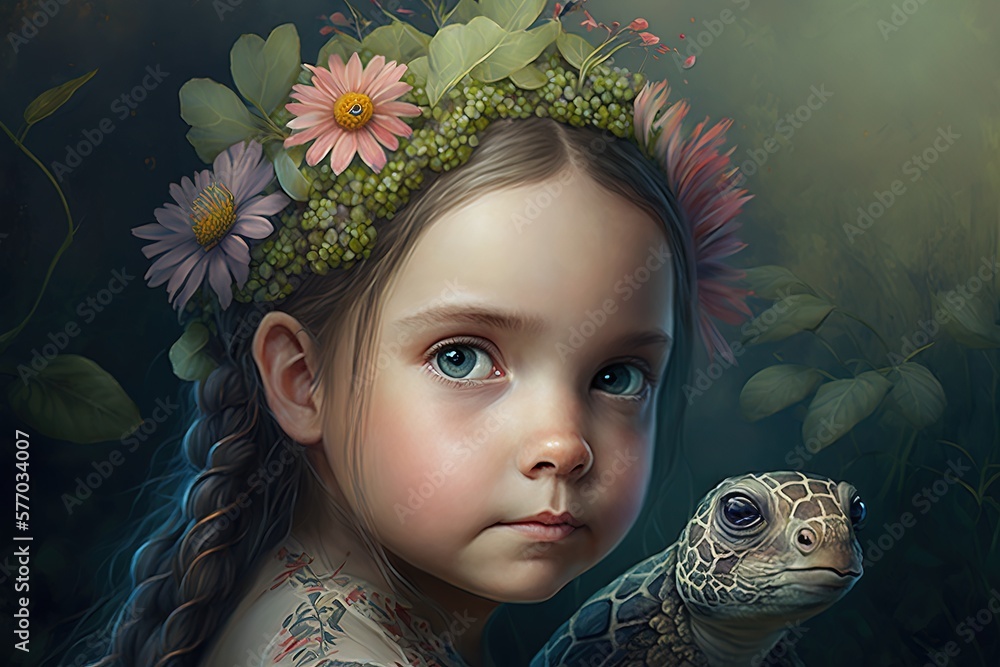 Cartoon shows a little girl with a fancy turtle perched on her head and ...