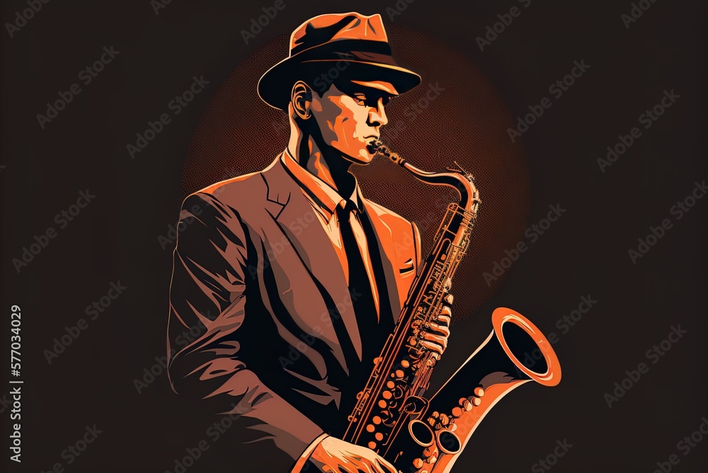 An artist's rendition of a jazz musician playing the saxophone. A guy ...