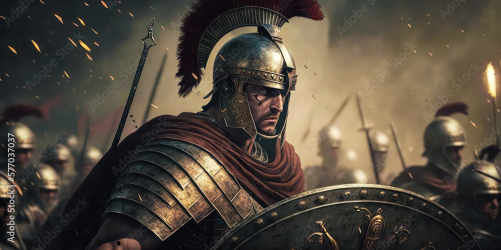 Ancient Roman soldier in full armour in battle. Historic recreation ...