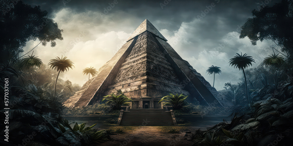 A majestic Aztec pyramid rising from the jungle. Historic recreation ...
