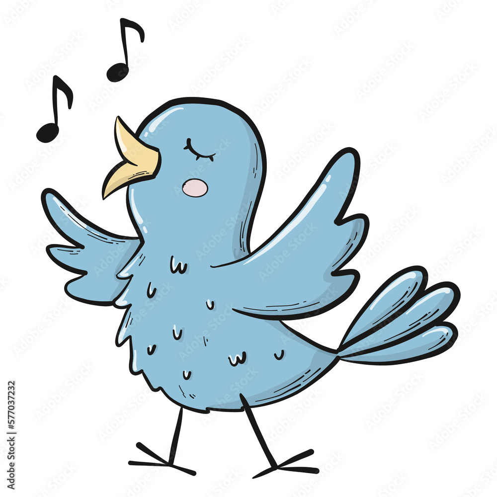 cute hand drawn blue bird singing a song. PNG spring and gardening ...