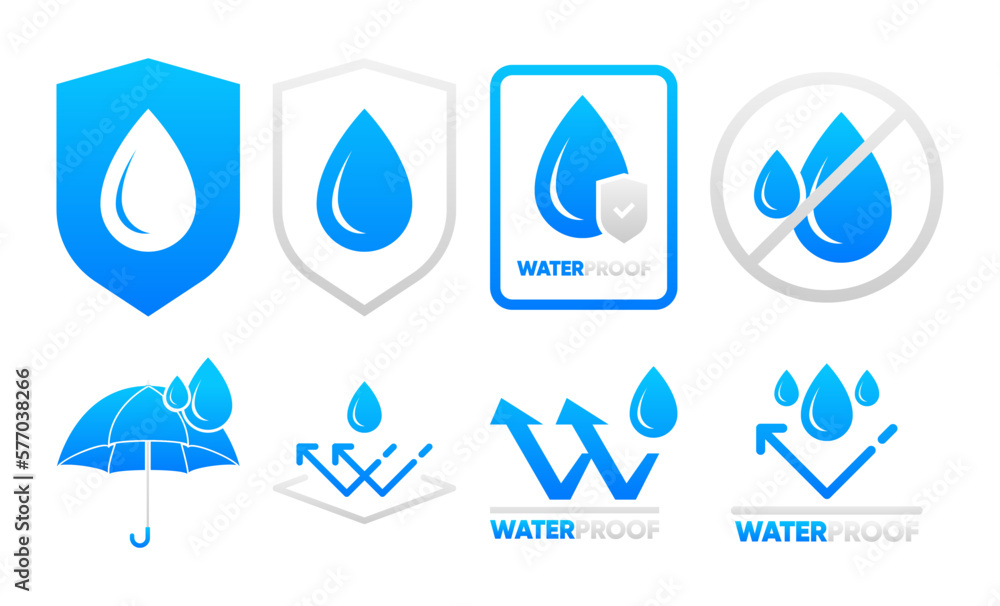 Waterproof icon. Water resistant icons for package. Water drop ...