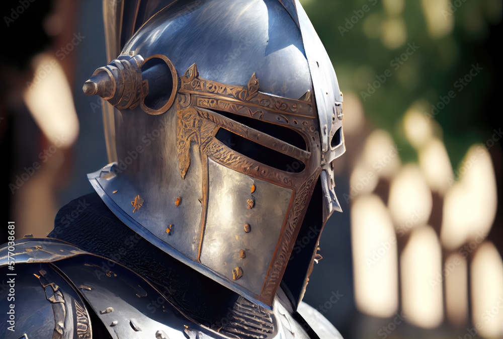 Closeup of knight headshot helm in armor standing guard of the palace ...
