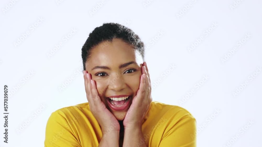 Black woman, face and surprise of a young person with shock from sale ...